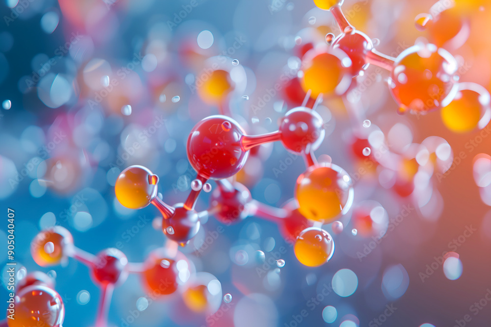 Colorful polymer molecular structure with orange, yellow, and blue ...