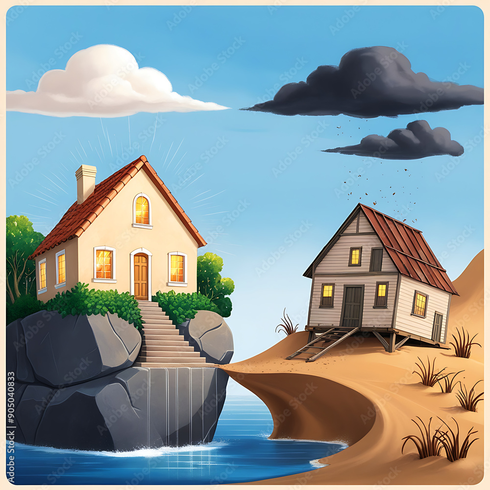 House constructed on the sand vs house constructed on a rock. Parable ...