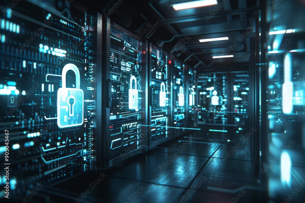 Server room with digital locks visualization, depicting robust cybersecurity measures in network ...