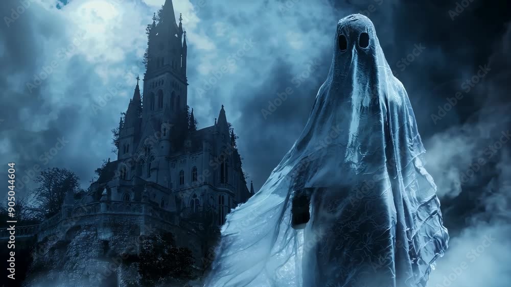 Ghost in front of misty haunted castle at night. Eerie and spooky ...