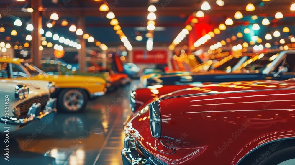 Classic Car Showroom with Red Car in Focus. Stock Photo | Adobe Stock