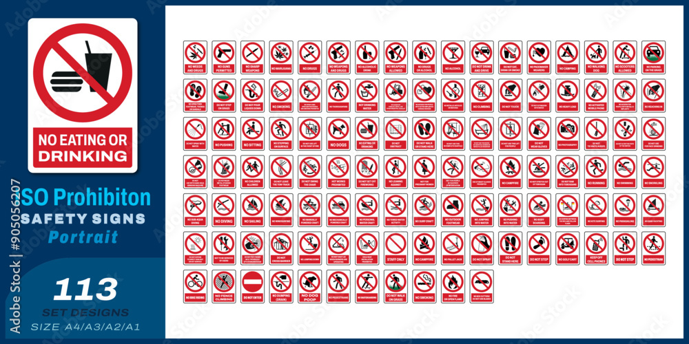 113 set iso prohibition safety signs size v21 a4/a3/a2/a1 Stock Vector ...