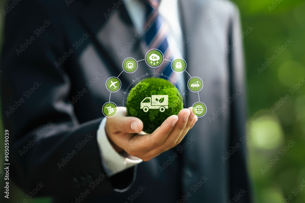 Green logistic or Sustainable transport concept. Businessman holding a ...