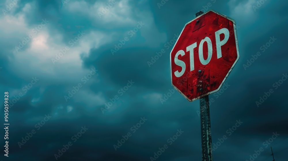 Stop Signs. Stormy Sky Background with Caution and Danger Warning Sign ...