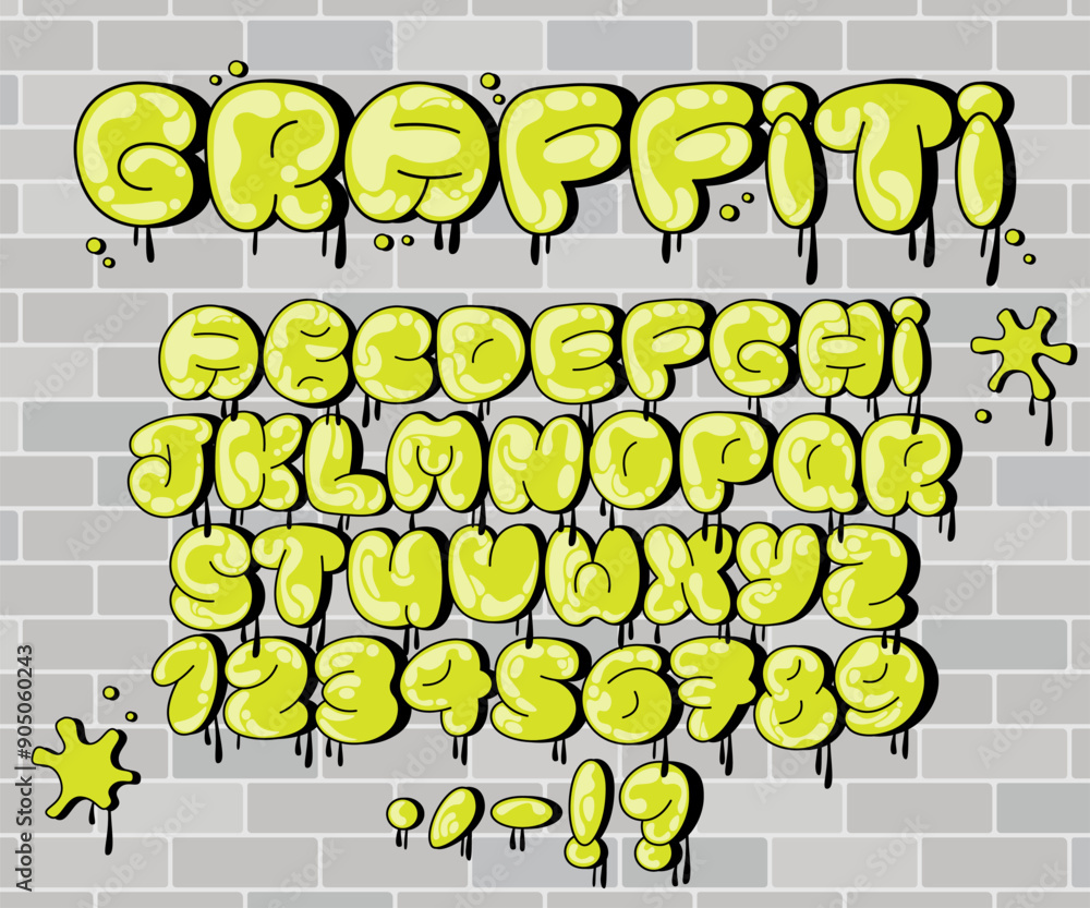 Graffiti Bubble Alphabet, Dripping Yellow green Paint Font with ...