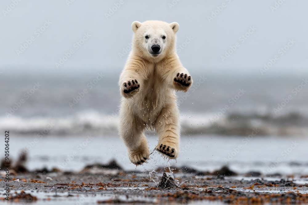 Playful polar bear cub leaping on Arctic shoreline, paws outstretched ...
