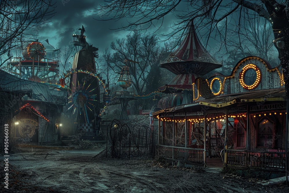 A creepy carnival with twisted rides and eerie atmosphere under the ...