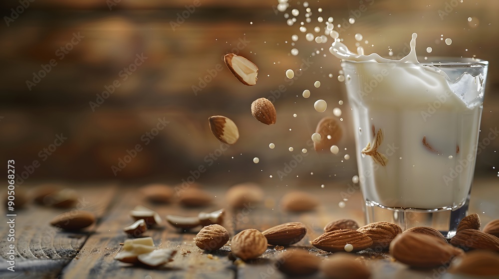 Almonds splashing into glass of milk creating milky crown Stock Photo ...