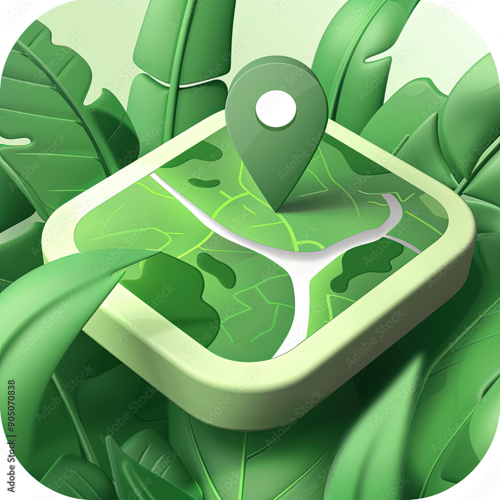 Eco-friendly navigation app icon featuring a green map with leafy ...
