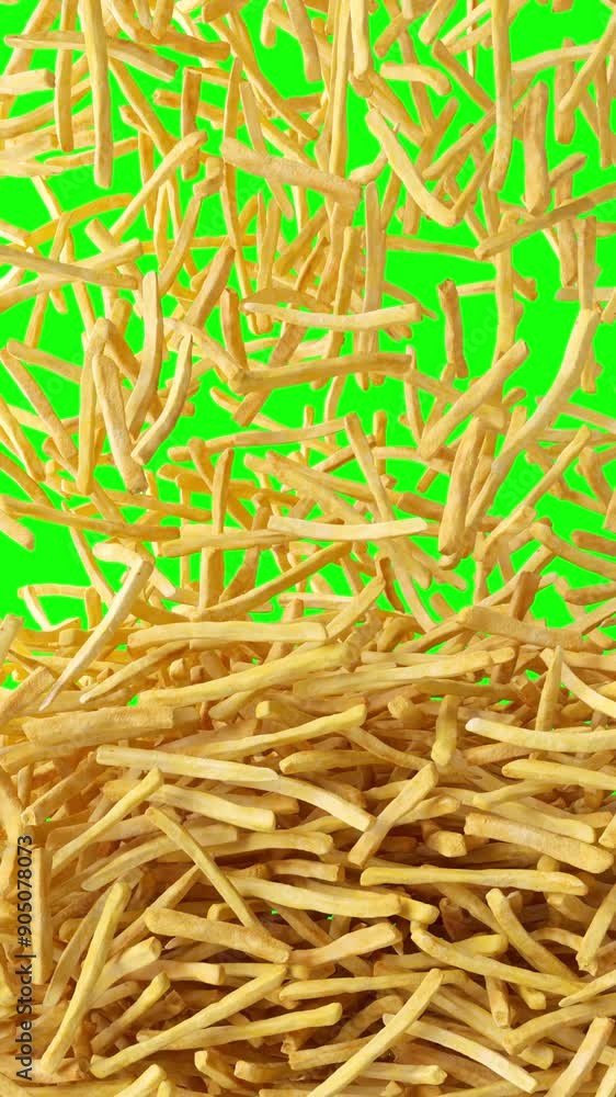 Fried potato chips falling down from above vertical green screen ...