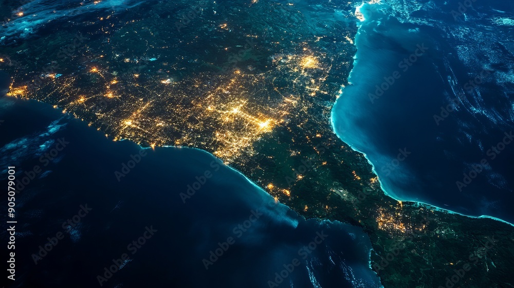 A satellite photo of Panama at night showcases the vibrant city lights ...