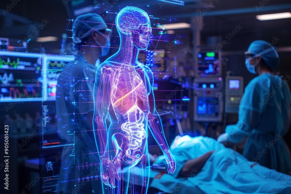 Surgeon Consults Patient in Hospital Room, Holographic images of ...