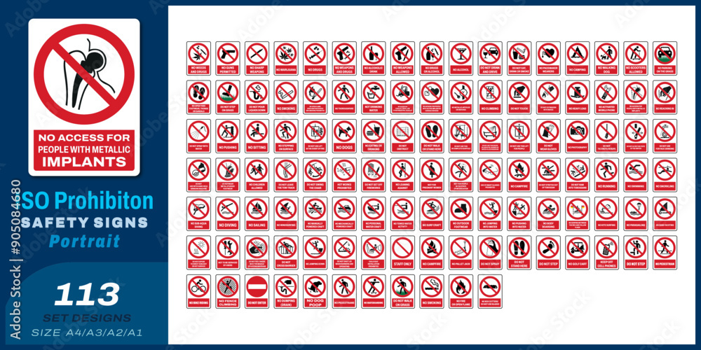 113 set iso prohibition safety signs size v13 a4/a3/a2/a1 Stock Vector ...