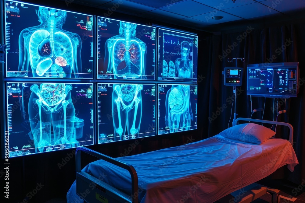 Hospital Room With X-Rays, Holographic screens displaying vital signs ...