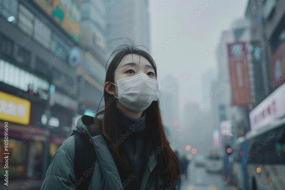 Young Woman Wearing Face Mask in Urban Cityscape with Foggy Background ...