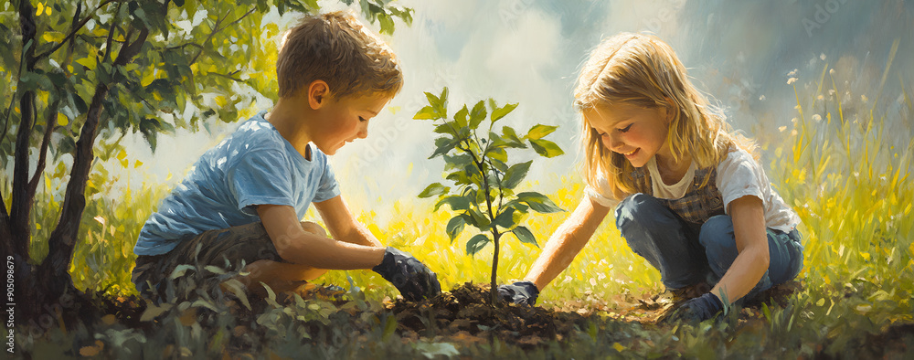 Two Children Planting Trees in a Park Surrounded by Green Plants ...
