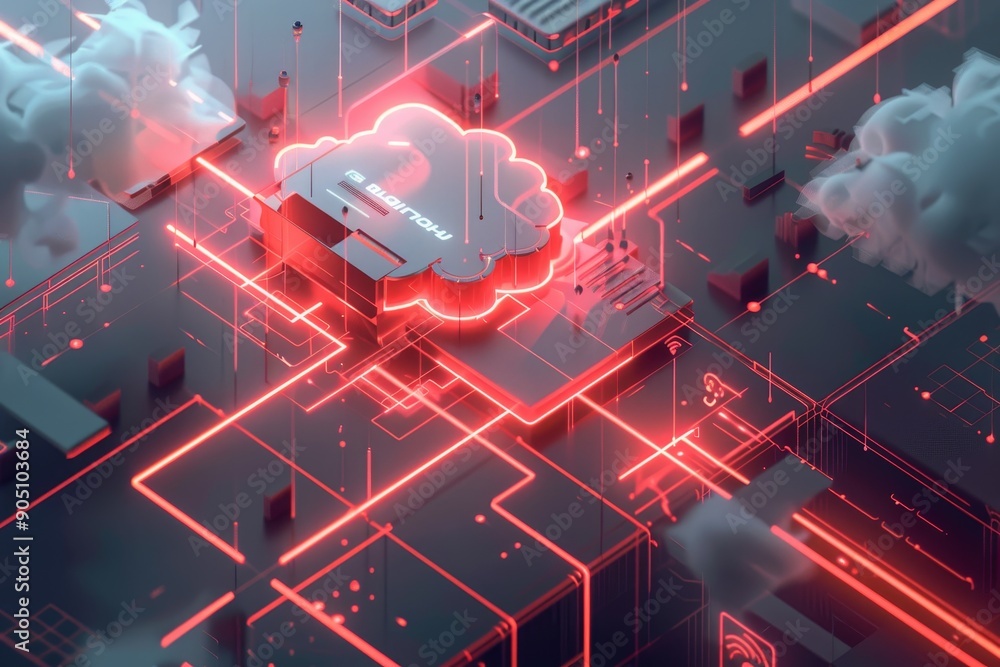 Cloud with red lights glowing in the background, highlighting the ...