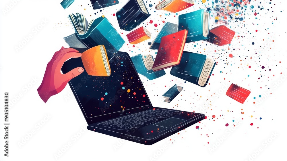 Trendy Halftone Collage Online education concept. Computer laptop with ...