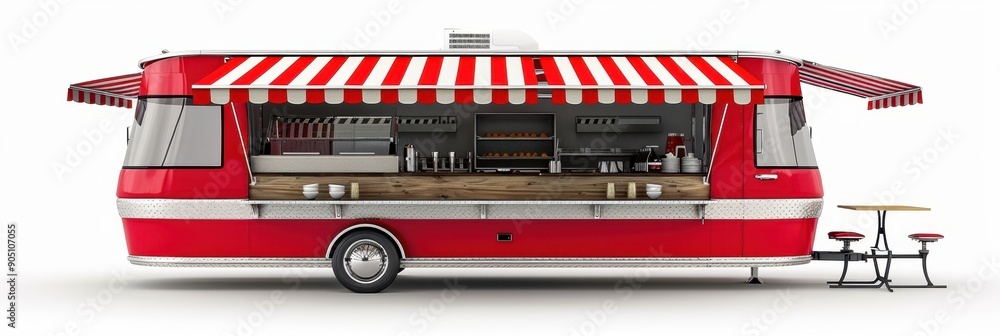 Red and white food truck with open awning and outdoor seating ...