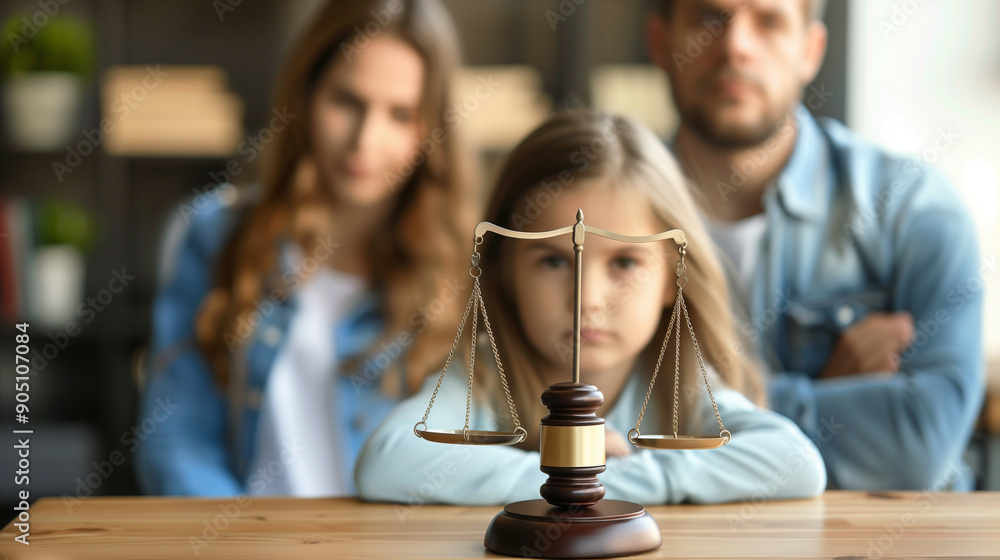 A child sits at a table in front of a neutral judge with a gavel and ...