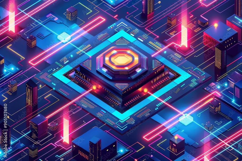 Illustration showing a cybercity with vibrant neon lights and ...