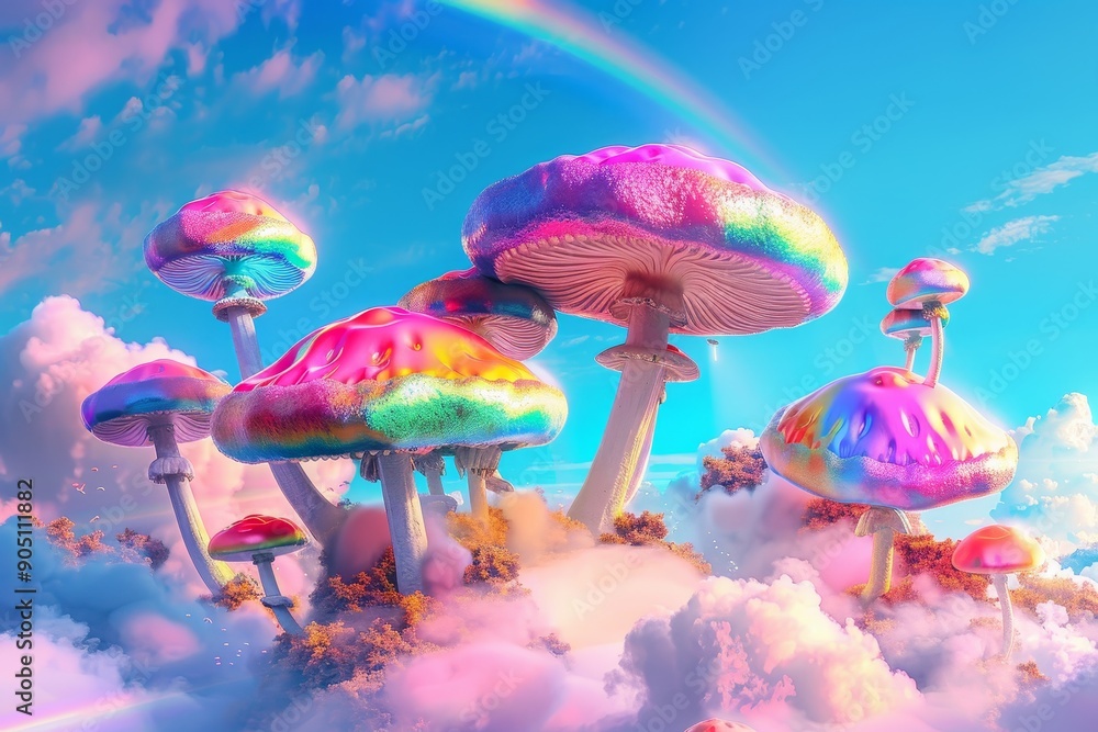 Giant, vibrant mushrooms hover in the sky under a rainbow, Illustrate a ...