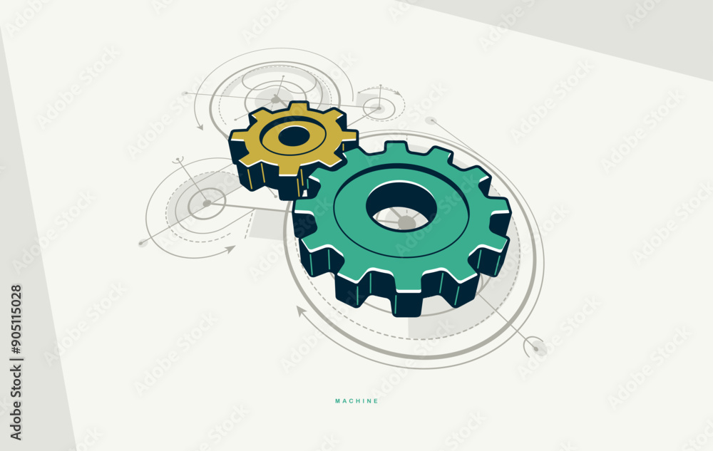 Engineering machine concept poster, gears and cogs vector icon style ...