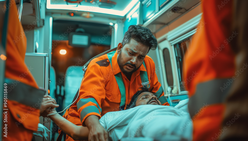 Indian man in orange uniform - paramedic doctor - assisting patient in ...