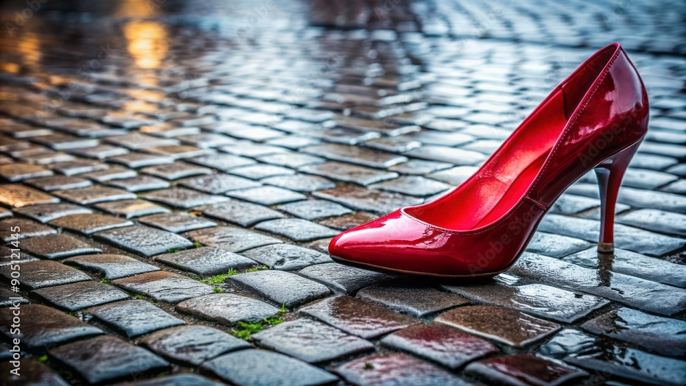 Lonely, crimson stiletto lies forsaken on ancient, rain-soaked Roman ...