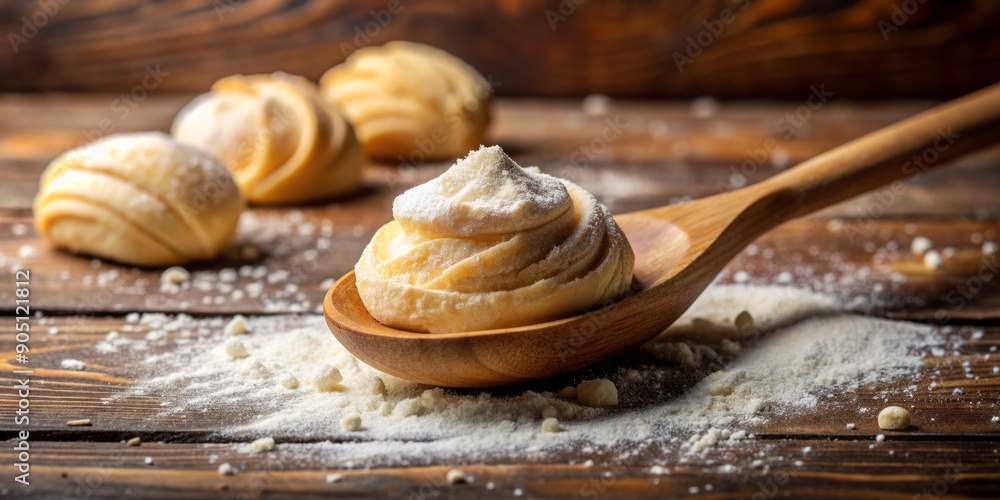 Creamy white flour puffs up as a rustic wooden spoon scoops a curved ...