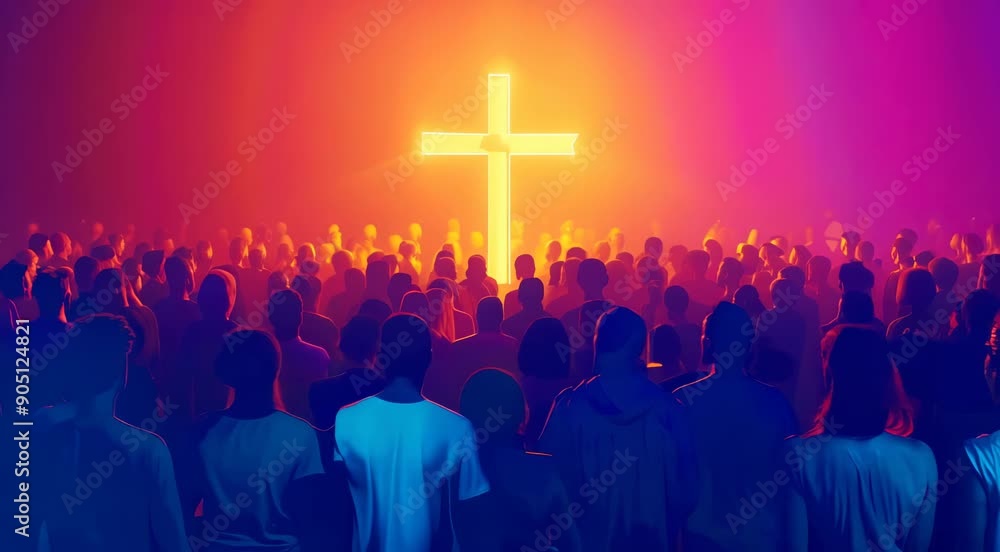Illustration of a diverse crowd of people gazing at a bright, glowing ...
