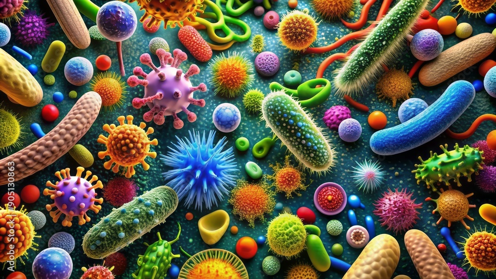 Vibrant, colorful microscopic image of diverse bacteria strains ...