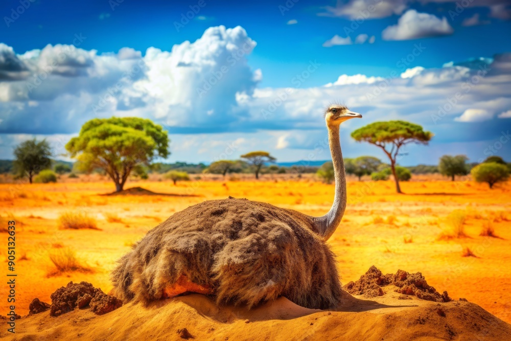 Vibrant sunny savannah scene featuring an ostrich with its head buried ...