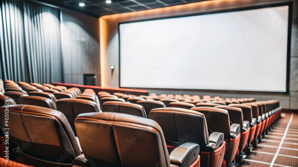 Empty Movie Theater Seats Facing the Screen. A wide shot of an empty movie theater, showcasing ...