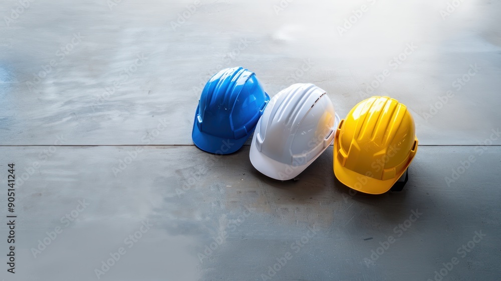 A colorful construction helmet on a concrete floor highlights safety ...
