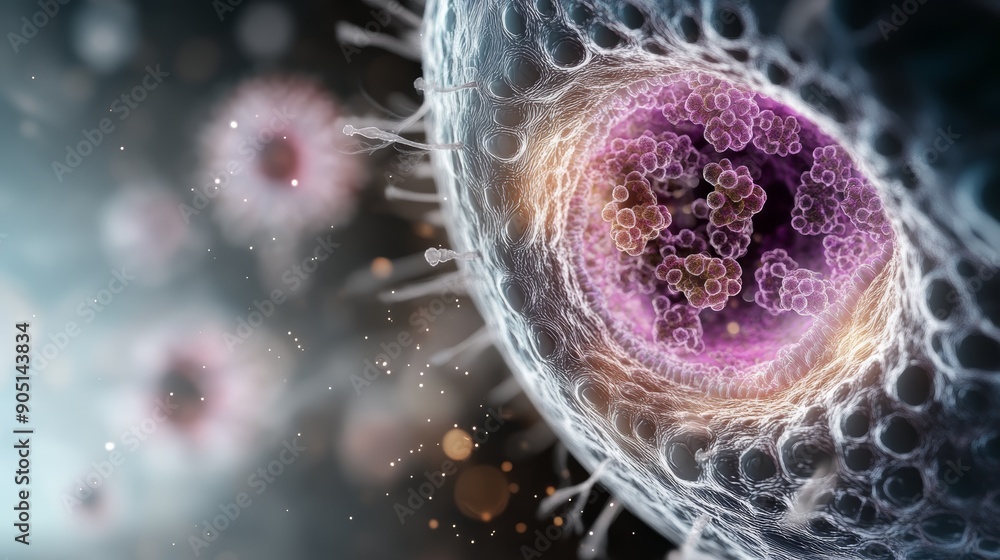 Microscopic view of a cell with a complex internal structure ...