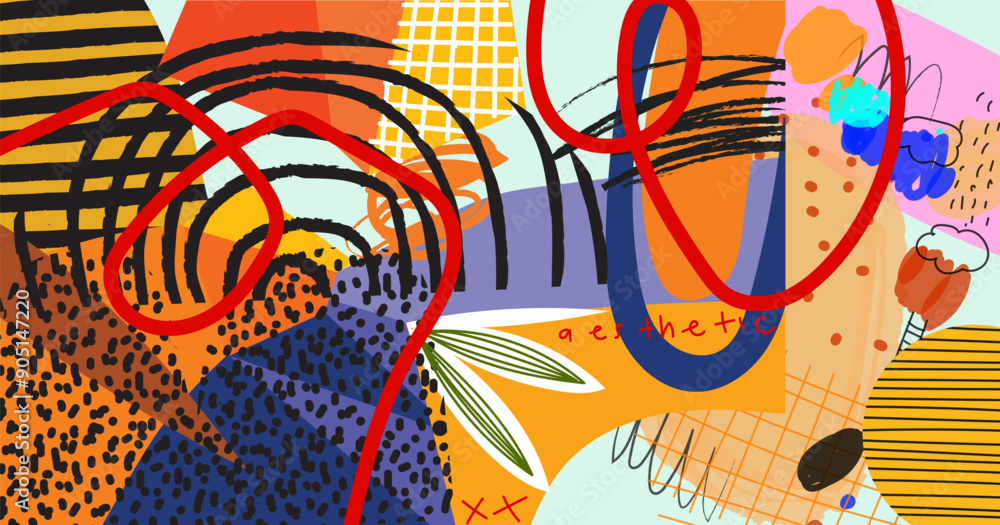 Colorful abstract grunge, rough hand drawn geometric and shapes line ...