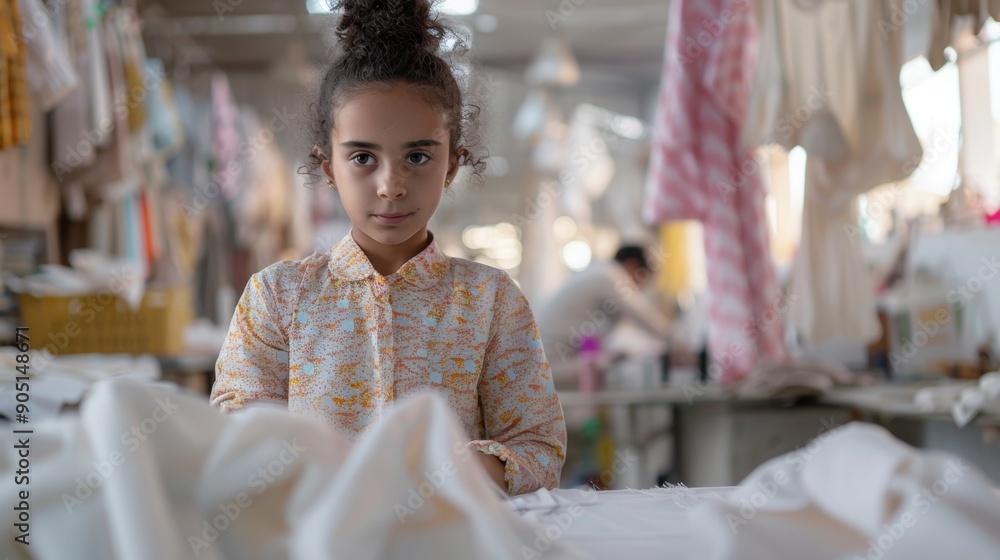 A young girl sewing clothes in a dimly lit workshop, her eyes straining ...
