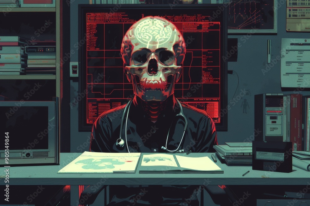 Cyberpunk skull with digital brain merging technology and anatomy in a ...