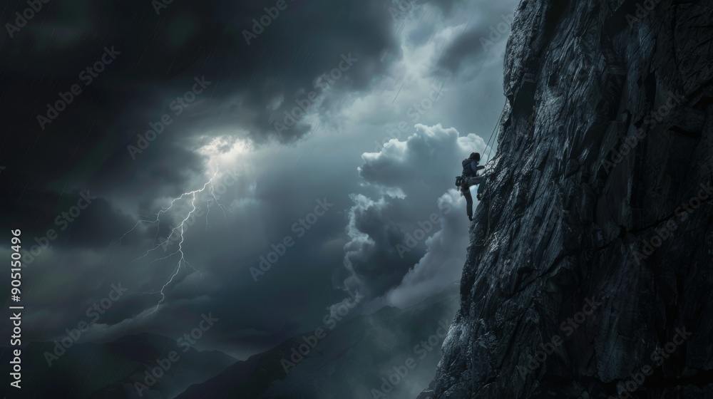 A solitary climber scaling a steep cliff with a dramatic view of a ...