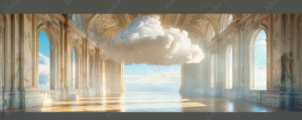 Ethereal white cloud floating in a grand, empty room with ornate arches ...