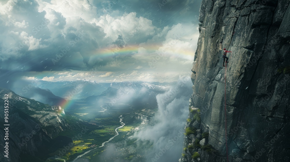 A solitary climber scaling a vertical rock face with a view of a ...