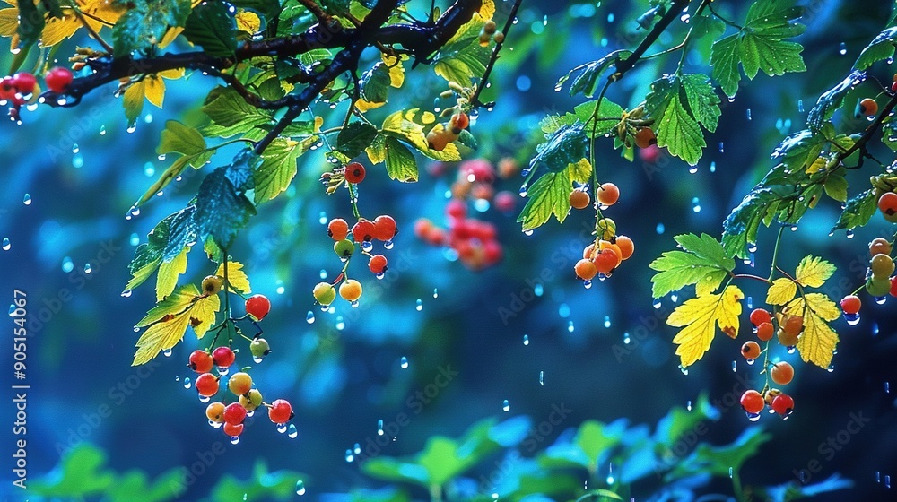 A cluster of juicy berries dangling from a tall tree with droplets of ...