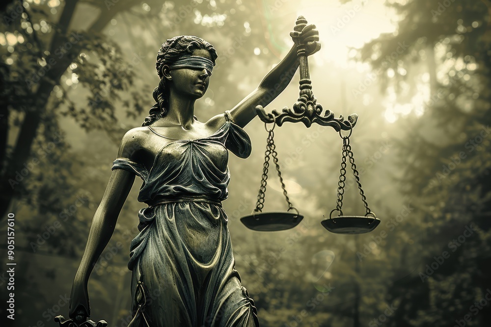 This captivating image features a close-up of the Lady Justice statue ...