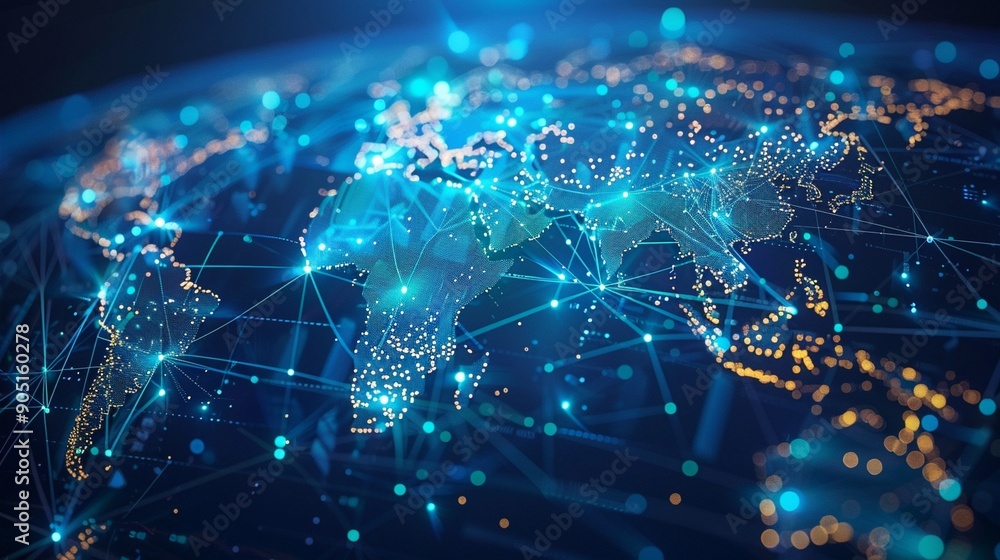 Global digital network concept: illuminated world map with glowing ...