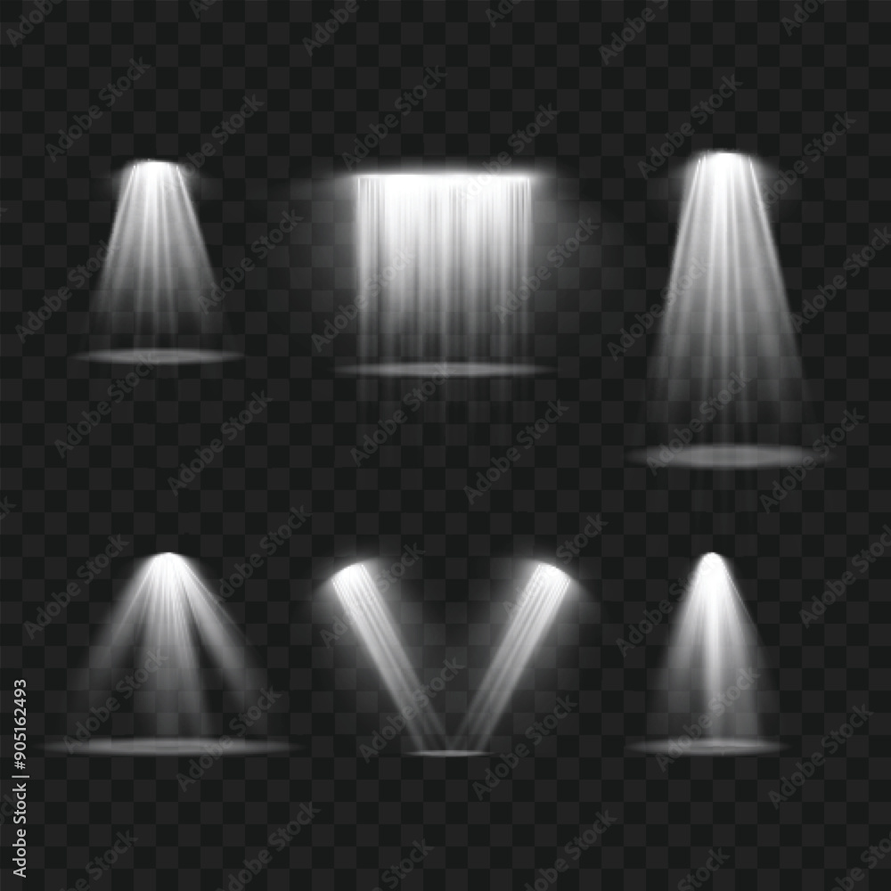 Various white spotlight effects with light beams on a transparent ...