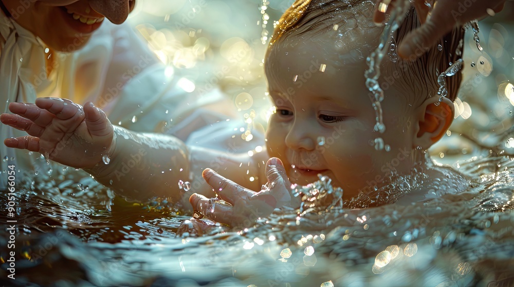 Newborn baby baptism in Holy water baby holding mother s hands Infant bathe in water Baptism in ...