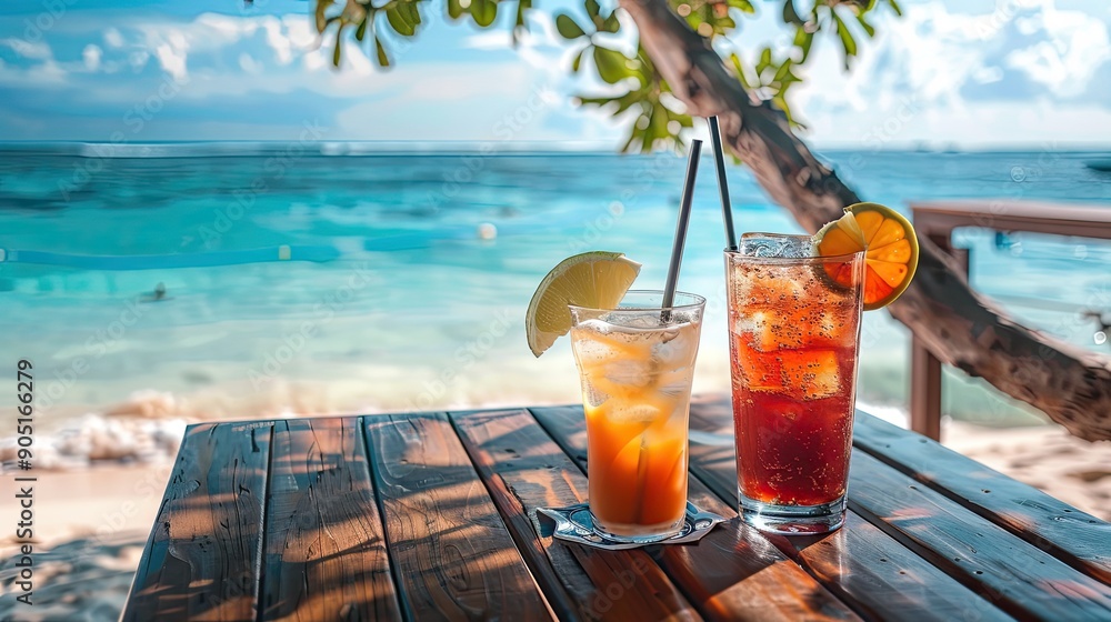 Beachside tables with drinks Cocktails in a luxury beach hotel holiday ...