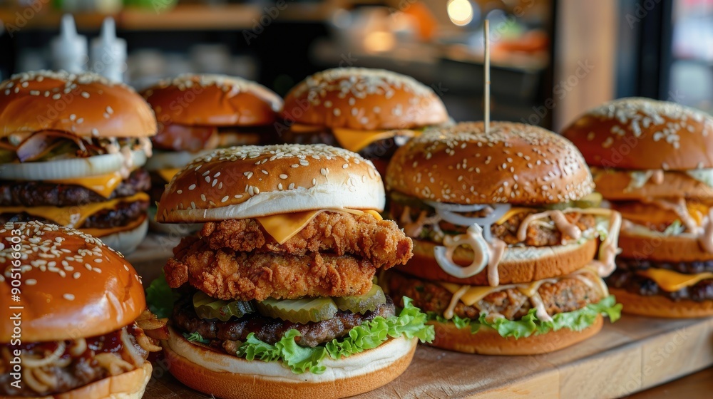 Pile of sesame buns of fried breaded chicken fillet patties crisp ...