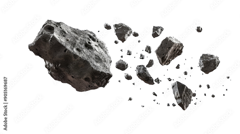 Meteorite stones, rocks floating in the air isolated on transparent ...